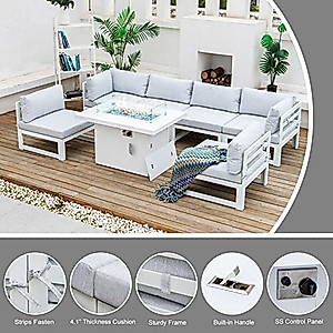 NICESOUL® Aluminum Patio Furniture Set with Fire Pit Table 43" Propane Gas Convertable CSA Approved Outdoor Luxury Conversation Sofa Set with Firepit White Color
