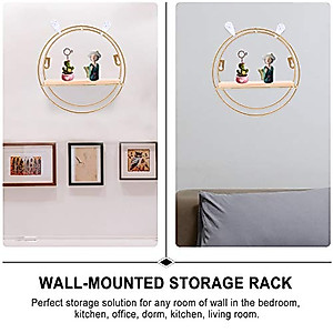 Cabilock 1pc Shelf Book Wood Sculpture Holder Rack Durable Metal Wire Vase Art Golden Wall-Mounted Wrought Room Bathroom Entryway Home Style Round Living Storage Rustic Plant Key Mounted