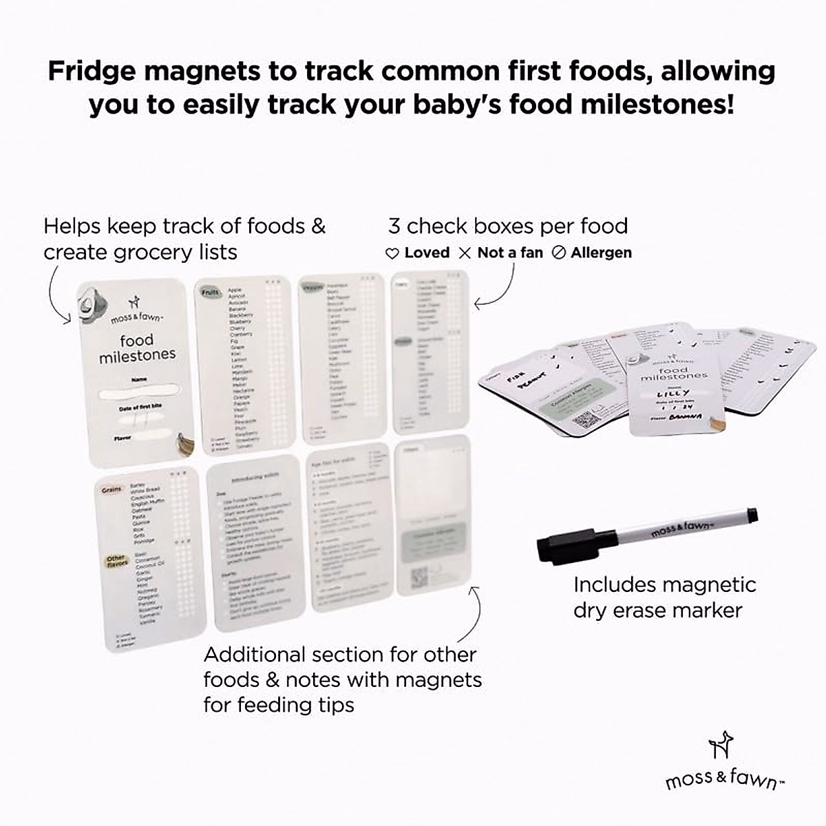 Moss and Fawn Baby’s First Bites Starter Kit – Ice Cube Tray, Forage Feeder, Freezer Mold & Pacifier Feeder – Milestone Magnet for Food Tracking & Feeding Tips – Baby Food Prep Essentials - Ecru