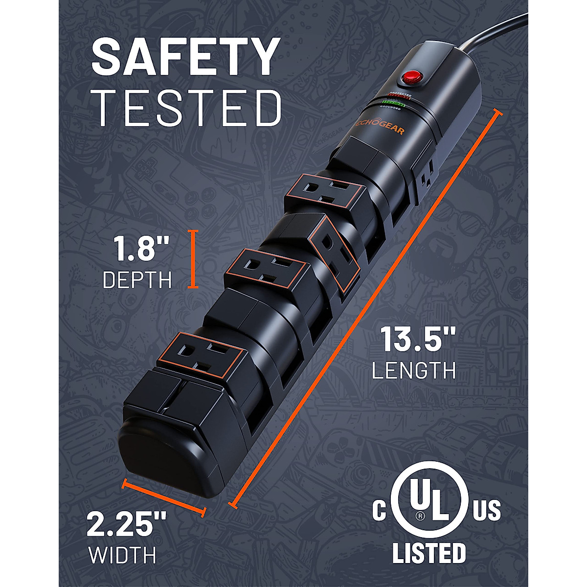 ECHOGEAR VoltSpin Surge Protector Power Strip with Rotating Outlets, Flat Plug, Long Cord, & Mounting Holes - Power Strip with Heavy Duty Surge Supression Plus Built-in Cable Management