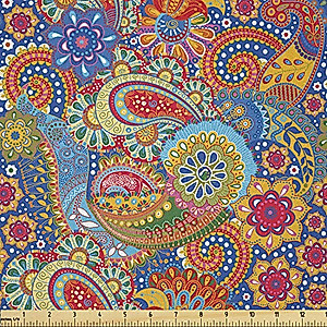 Lunarable Asian Fabric by The Yard, Colorful Paisley Floral Pattern Classical Ornamental Medieval Art, Microfiber Fabric for Arts and Crafts Textiles & Decor, 1 Yard, Blue Yellow