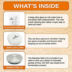 KEUKEN 42 oz Glass Sourdough Starter Jar Kit - Sourdough Bread Baking Supplies - Sourdough Starter Kit - Silicone Spatula Electric Thermometer Danish Dough Whisk - Sourdough Kit