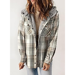 Dokotoo Womens Casual Jackets Winter Warm Thick Fleece Lined Plaid Hooded Jacket Teddy Bear Button Down Sherpa Fluffy Long Sleeve Shacket Flannel Shirts Cute Fall Coat Outwear with Pockets Gray Large