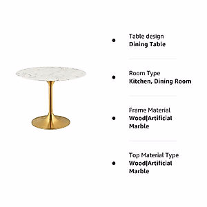 Hawthorne Collections Mid-Century 40" Round Faux Marble Top Pedestal Dining Table in Gold
