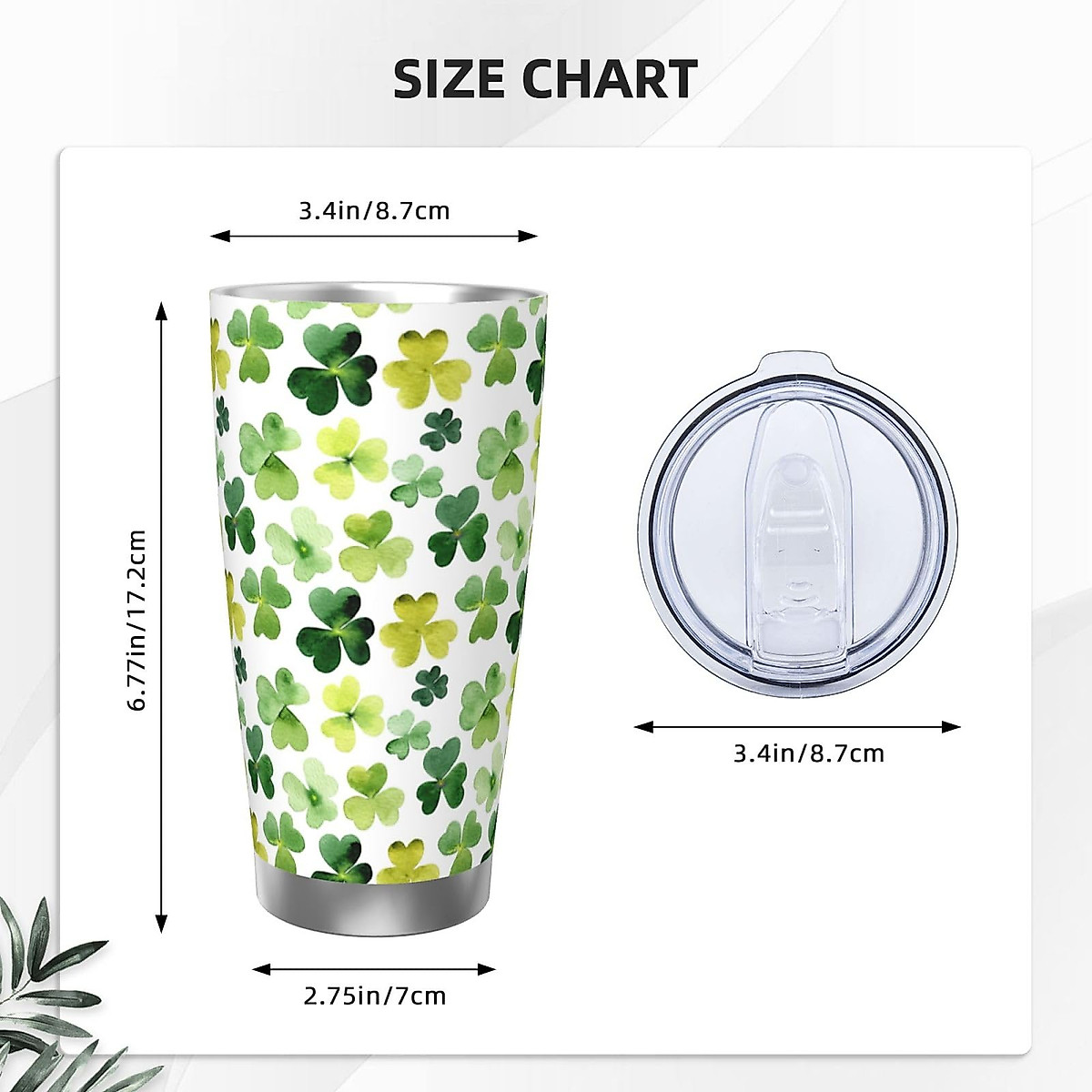 CHASOEA St Patricks Day Tumbler 20oz Watercolor Shamrock Stainless Steel Insulated Tumblers with Lid and Straw Irish Clover Travel Coffee Mug Wine Tea Cups Water Bottle Holiday Gifts for Women