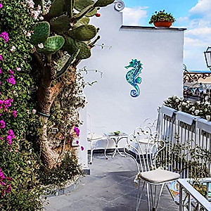 HONGLAND Metal Seahorse Wall Art Blue Mosaic Glass Wall Decor Sculpture Hanging Ocean Decorations for Home, Garden, Fence,Livingroom, Indoor, Outdoor