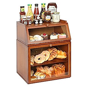 X-cosrack Large Double Separable Bamboo Bread Box Storage with Clear Window and Adjustable Compartment for Kitchen Countertop,Red