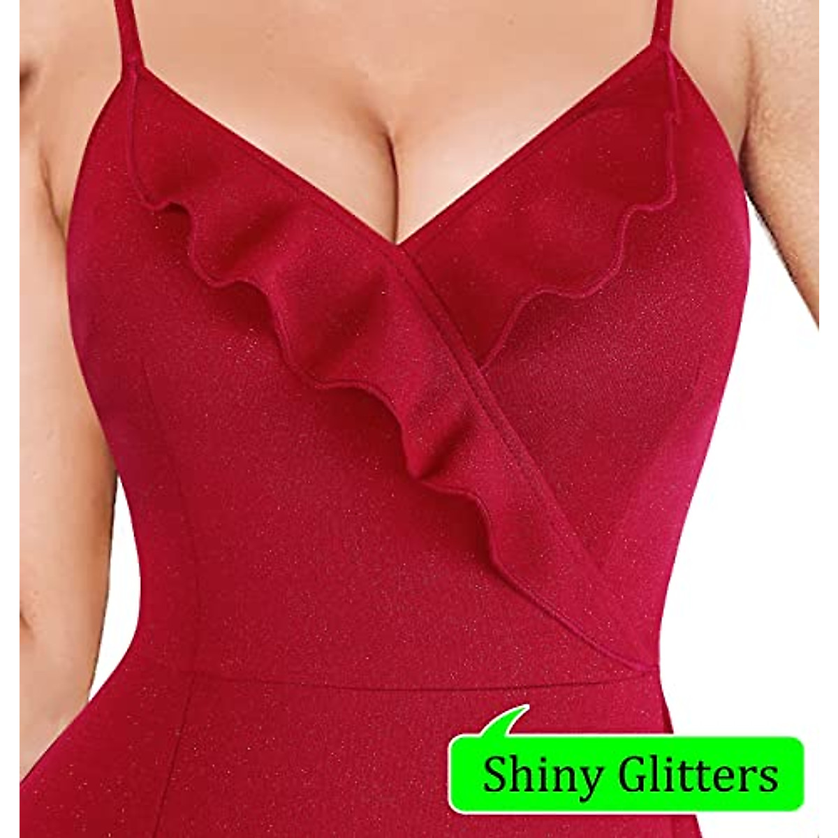 VFSHOW Womens Sexy Ruffle Deep V Neck Cocktail Party Bodycon Midi Dress Spaghetti Strap 2023 Hi-Lo Slit Mermaid Sparkly Dress (Red, Large) 10500C RED L