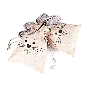3 Pack Easter Burlap Bags Easter Bunny Tote with Drawstring Furry Bunny Ears Rabbit Easter Egg Hunts Goody Candy Treat Gift Storage Bags Kids Girls Easter Party Favor Bags(8" x 10.2")