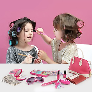21Piece Girls Pretend Play Set ,My First Purse Toy with Handbag, Makeup Set, Sunglasses, Smartphone, Wallet, Car Keys, Credit Card Playset for Kids Gifts