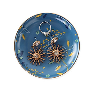 RUIMIC Ceramic Ring Dish Jewelry Tray,Bohemian/Boho Dandelion Decorative Organizer Trinket Dish with Golden,Home Decor Wedding Birthday Housewarming Gift for Her(Blue)