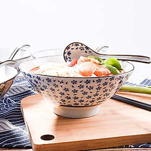Cerficer Japanese Ramen Bowls, Large Soup Bowls, High Bowls, Noodle Bowls, Rice Bowls, 7.5 Inch Bowls(White and Blue)