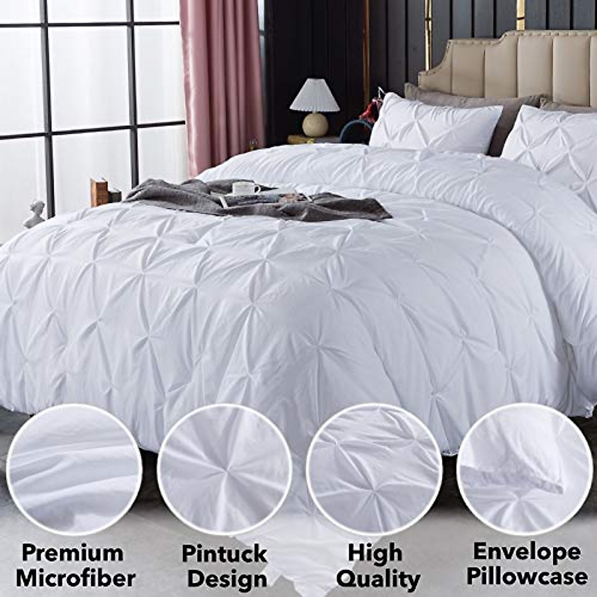 Andency White Pinch Pleat Comforter Full(79x90Inch), 3 Pieces(1 Pintuck Comforter and 2 Pillowcases) Down Alternative Microfiber Comforter Bedding Set