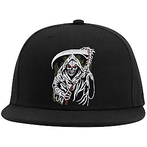 ADJUEMB Classic Snapback Hats Grim Reaper Embroidery Adjustable Flat Bill Hat Unisex Baseball Caps Black