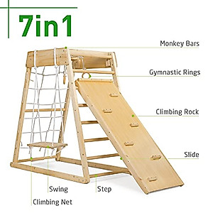 Climber,Indoor Playground Wood Playset 7-in-1 with Jungle Gym, Ramp, Slide, Swing, Swedish Ladder, Pine Wood, Rock Wall Dome for Kids Ages 1+
