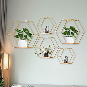 MYCENSE 5Pcs Hexagon Iron Wall Shelves Floating Shelf, Bathroom Wall Decoration Organizer, Storage Rack for Books Artworks Display, Golden