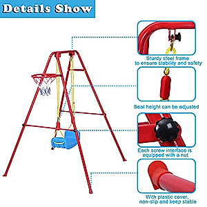 COLOR TREE Kids Swing Sets for Backyard - 2 in 1 Metal Swing Set + Basketball Hoop - Toddlers Swing Seat Playset for Outside and Inside - Boys Girls