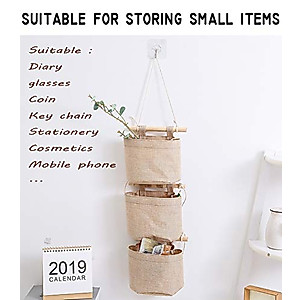 AARAINBOW 1 Pack Mini Cotton Linen Fabric Closet Detachable Foldable Washable Hanging Storage Bag with 3 Pockets Over The Wall Door Organizer for Room Bathroom (Khaki)