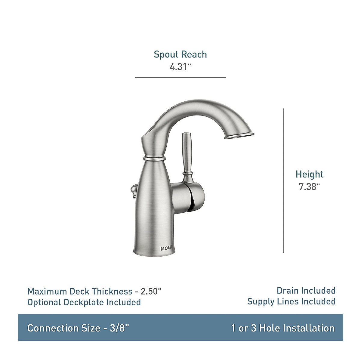 Moen Sarona Spot Resist Brushed Nickel One-Handle Single Hole Rustic Farmhouse Bathroom Sink Faucet with Optional Deckplate, 84144SRN