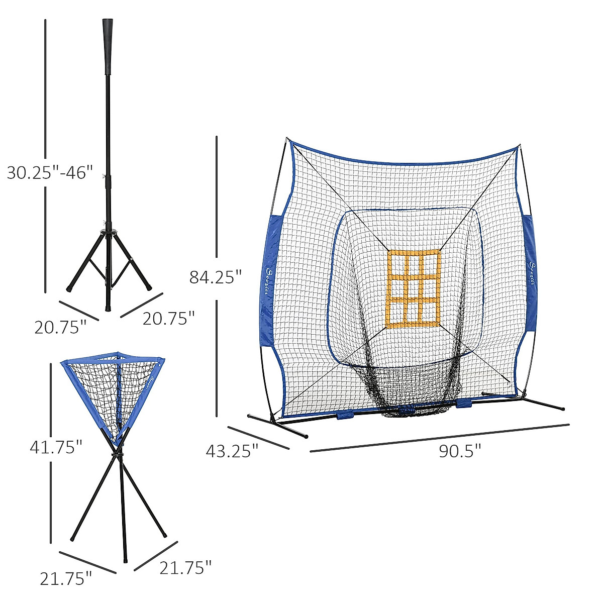 Soozier Baseball Practice Net Set with 7.5x7ft Catcher Net, Ball Caddy and Batting Tee, Portable Baseball Practice Equipment with Carry Bag for Hitting, Pitching, Batting, Catching, Blue