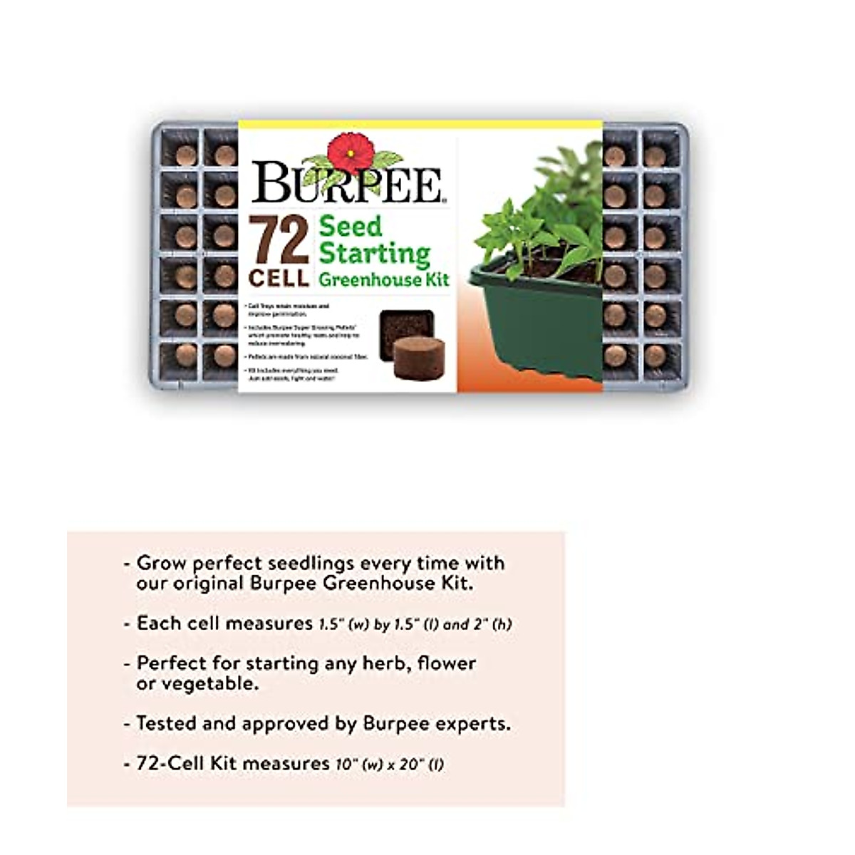 Burpee Greenhouse Indoor Starting Herbs, Flowers and Vegetables | Includes Dome, Watering, Seed Starter Tray, Coir Pellets | 10" W x 20" L x 5" H, One Size, 1 Kit (72 Cells)