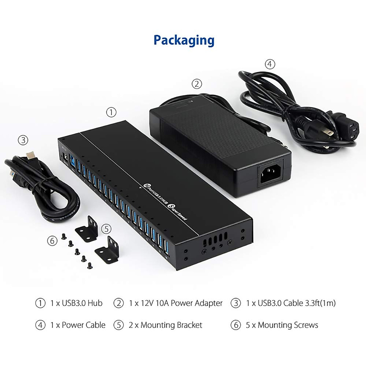 Powered USB Hub - UUSTK 16 Ports 120W USB 3.0 Data Hub - with Mounting Bracket and 12V/10A Power Adapter USB Hub 3.0 Splitter for Laptop, PC, Computer