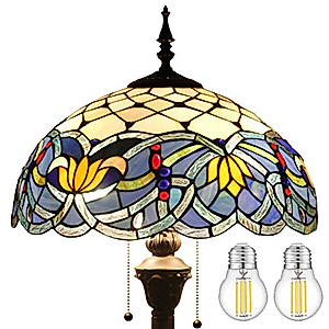 WERFACTORY Tiffany Floor Lamp Blue Lotus Stained Glass Flower Standing Reading Light 16X16X64 Inches Antique Pole Corner Lamp Decor Bedroom Living Room Home Office S220 Series