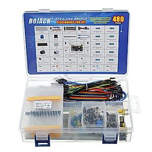 BOJACK 37 Values 480 Pcs Electronics Component Fun Kit with Power Supply Module, Jumper Wire,Precision Potentiometer,830 tie-Points Breadboard Compatible with STM32,Raspberry Pi,Arduino