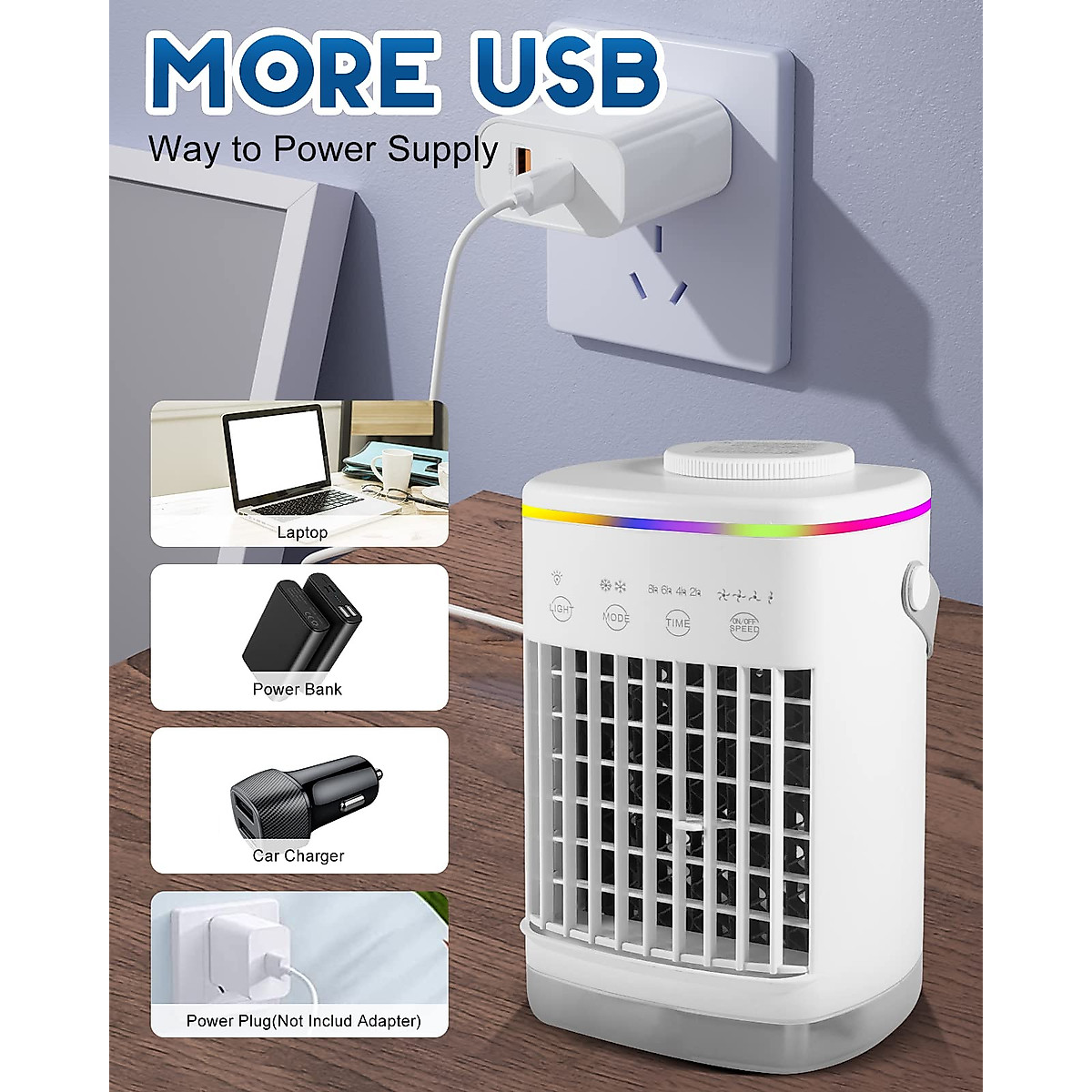 Portable Air Conditioners, 4 Speeds Evaporative Air Cooler Humidifier 600ML Waterbox Mini Air Conditioner, 2/4/6H Timer, 2 Misting Modes and LED Light, Perfect for Home Office Bedroom Camping