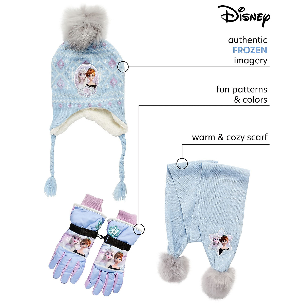 Disney Girls' Insulated Snow Glove Set – Minnie Mouse or Frozen Winter Hat, Scarf, and Mitten or Gloves (Toddler/Little Kid), Size Age 4-7, Froze Glove