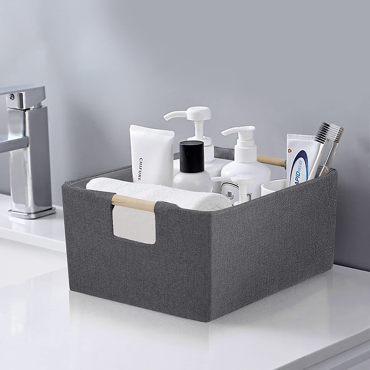 ANMINY 4PCS Storage Baskets for Organizing Collapsible Fabric Storage Bins Boxes with Wood Handles Closet Shelves Cube Organizer Bins Clothes Laundry Storage Container - Large, Gray