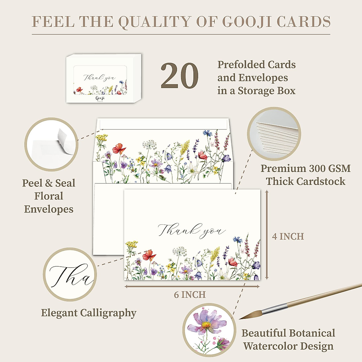 Gooji 4x6 Midsummer Floral Thank You Cards Multipack with Envelopes (Bulk 20-Pack) Matching Peel-and-Seal Envelopes, Wildflower, Weddings, Blank Notes Small Business, Assorted Stationary