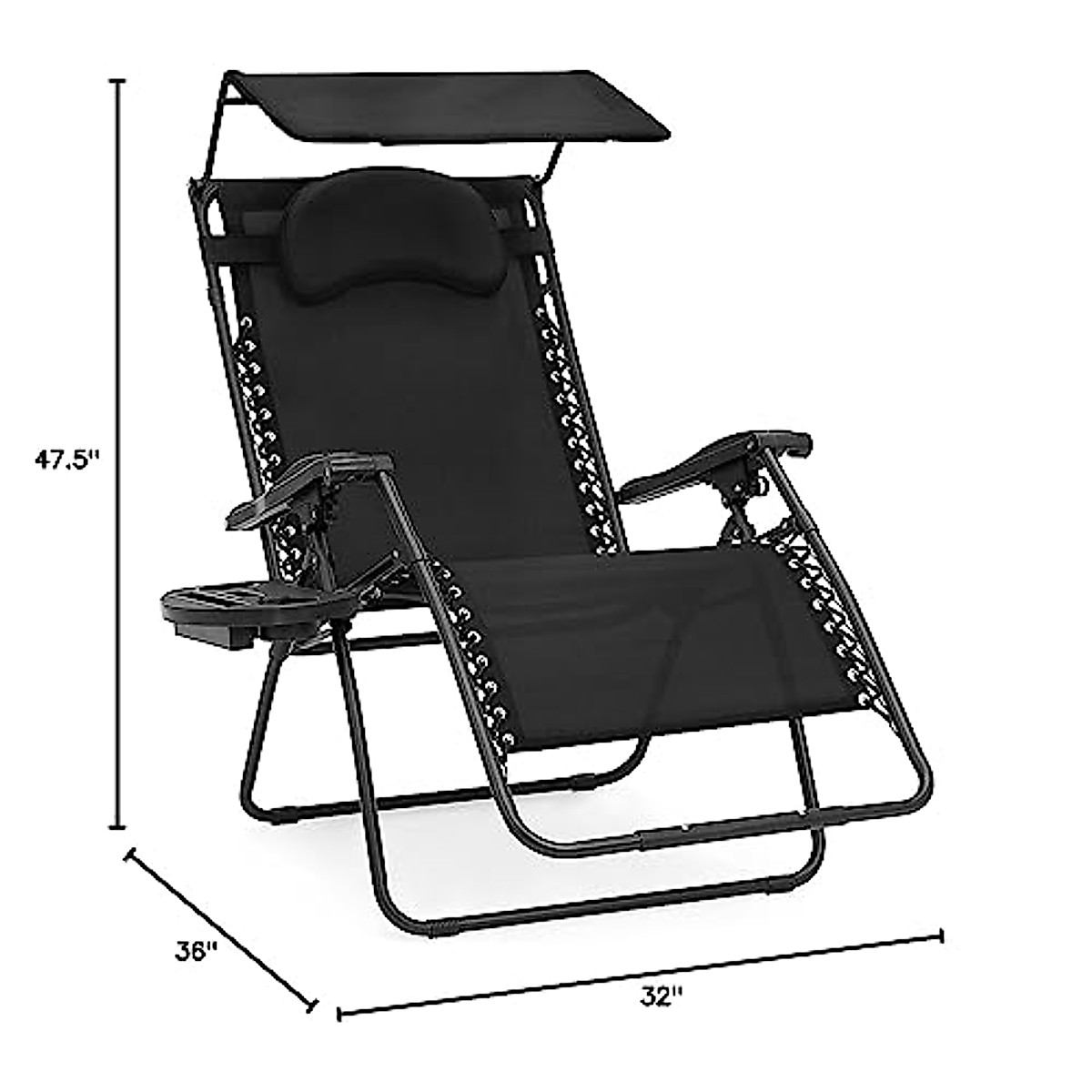 Best Choice Products Oversized Steel Mesh Zero Gravity Reclining Lounge Patio Chair w/Folding Canopy Shade and Cup Holder, Black