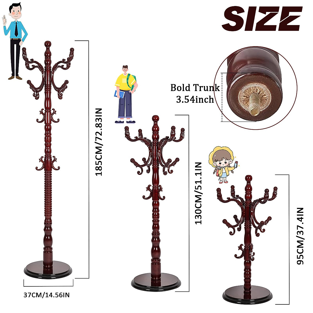 Zacammy Heavy Coat Rack Freestanding, Natural Wood Hall Tree, Adjustable Height 73in and Versatile 14 Hooks for Entryway, Porch, Living Room, Bedroom, Home Office (Rosewood)