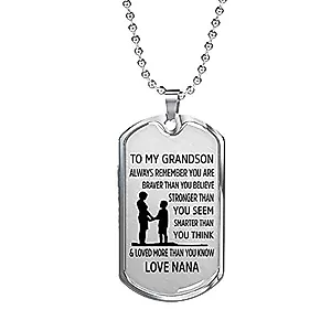 COMTRUDE From Nana to Grandson Stainless Steel Dog Tag Necklace, Always Remember You are Braver Pendant Necklace