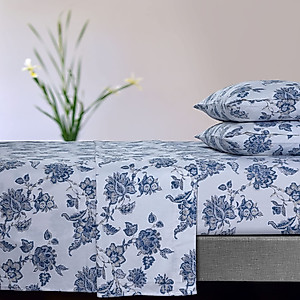 Tribeca Living Ultra-Soft Flannel Sheet Set, 170-GSM Cotton, Deep Pocket, Cozy Winter Bedding - Queen, Floral Deep Blue