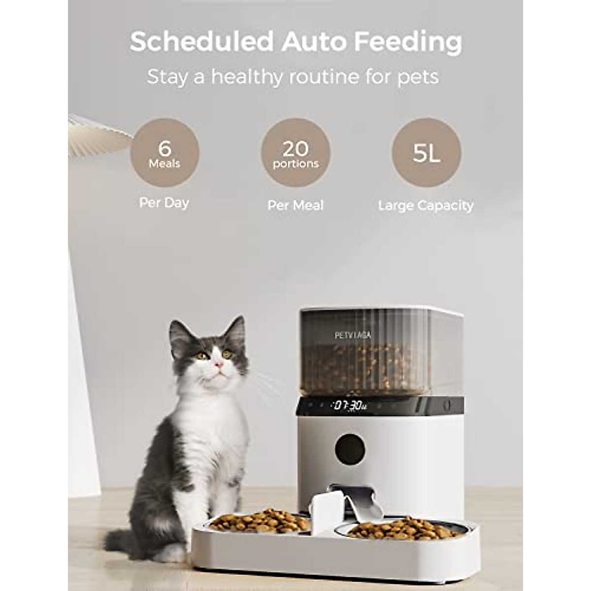 PETVIAGA Automatic Cat Feeders for 2 Cats, WiFi Cat Feeder with Lock Lid, 2-Way Splitter & Dual Bowls, Auto Pet Feeder for 2 Dogs with APP Control 1-6 Mealtimes, 20 Portions Control & Remote Feeding