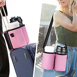 Luggage Cup Holder Travel Drink Bag Luggage Drink Caddy with Shoulder Strap, Thermal Insulation and Zipper Pocket, Travel Accessories Gifts for Flight Attendants, Fits Roll on Suitcase Handles (Pink)