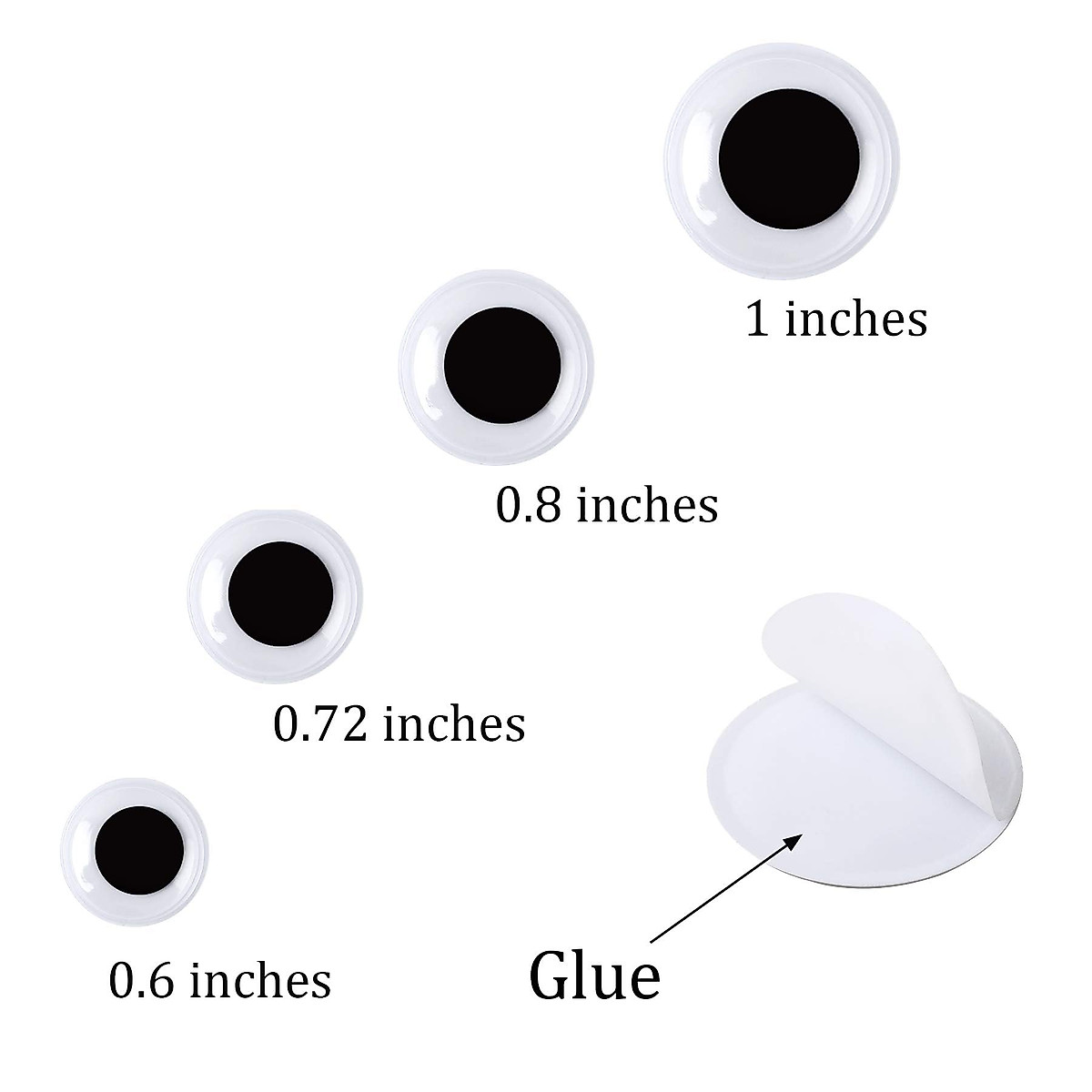 UPINS 300 Pcs Round Plastic Black Googly Wiggle Eyes Self-Adhesive Large Size 15 mm 18 mm 20 mm 25 mm