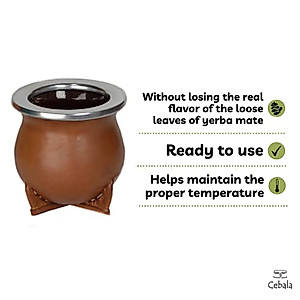 Cebala Yerba Mate cup set - Premium Ceramic yerba mate set (original from Uruguay) - Includes Leather mate cup (Light brown)