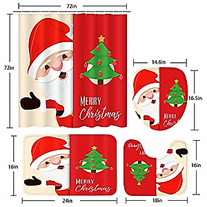 Britimes Christmas Shower Curtain 4 Pcs Sets, Non-Slip Rug, Bath Mat and Toilet Lid Cover, Santa Claus Bathroom Decor with 12 Hooks