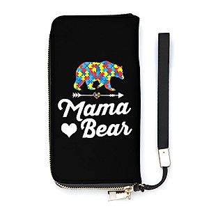 Mama Bear Autism Awareness PU Leather Vertical Wallet Zipper Long Clutch Purse Fashion Handbag with Wristlet Strap for Women