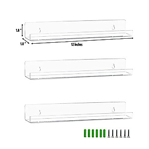 MetFun 3 Pack Vinyl Record Wall Mount Holder-12 Inch Clear Acrylic Shelf For Vinyl Record Display - Floating Book Shelves For Kids Room