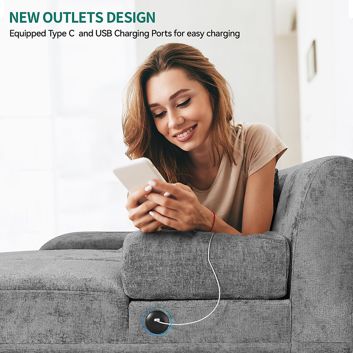 YITAHOME Sectional Couches for Living Room, U Shaped Sofa Chenille Modern Couch with USB & Type C Charging Ports Double Chaise and Comfy Upholstered, Grey