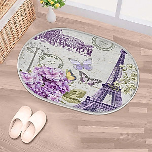 Kuquteed Purple Flowers Romantic Paris Oval Door Mat, Absorbent Floor Mats, Non-Slip Entryway Area Rugs, Soft Oval Floor Carpet for Bathroom Kitchen Bedroom Decor