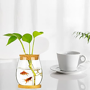 Desktop Fish Bowl Clear Glass Small Fish Tank with Wood Lid and Bamboo Stand for Betta Fish Plants Terrarium Home Office Decoration Gifts