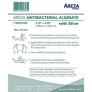 Silver Alginate (Antibacterial Alginate with Silver) 4.25"x4.25" Sterile; 10 Wound Dressings Per Box (1 Box) Areza Medical