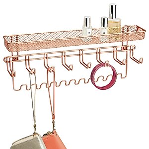 mDesign Steel Wall Mount Bedroom Closet Jewelry Storage Organizer Rack with 8 Hooks/Basket - Decorative Hanger Holder for Necklace, Bracelet, Belt, Accessories - Concerto Collection, Rose Gold