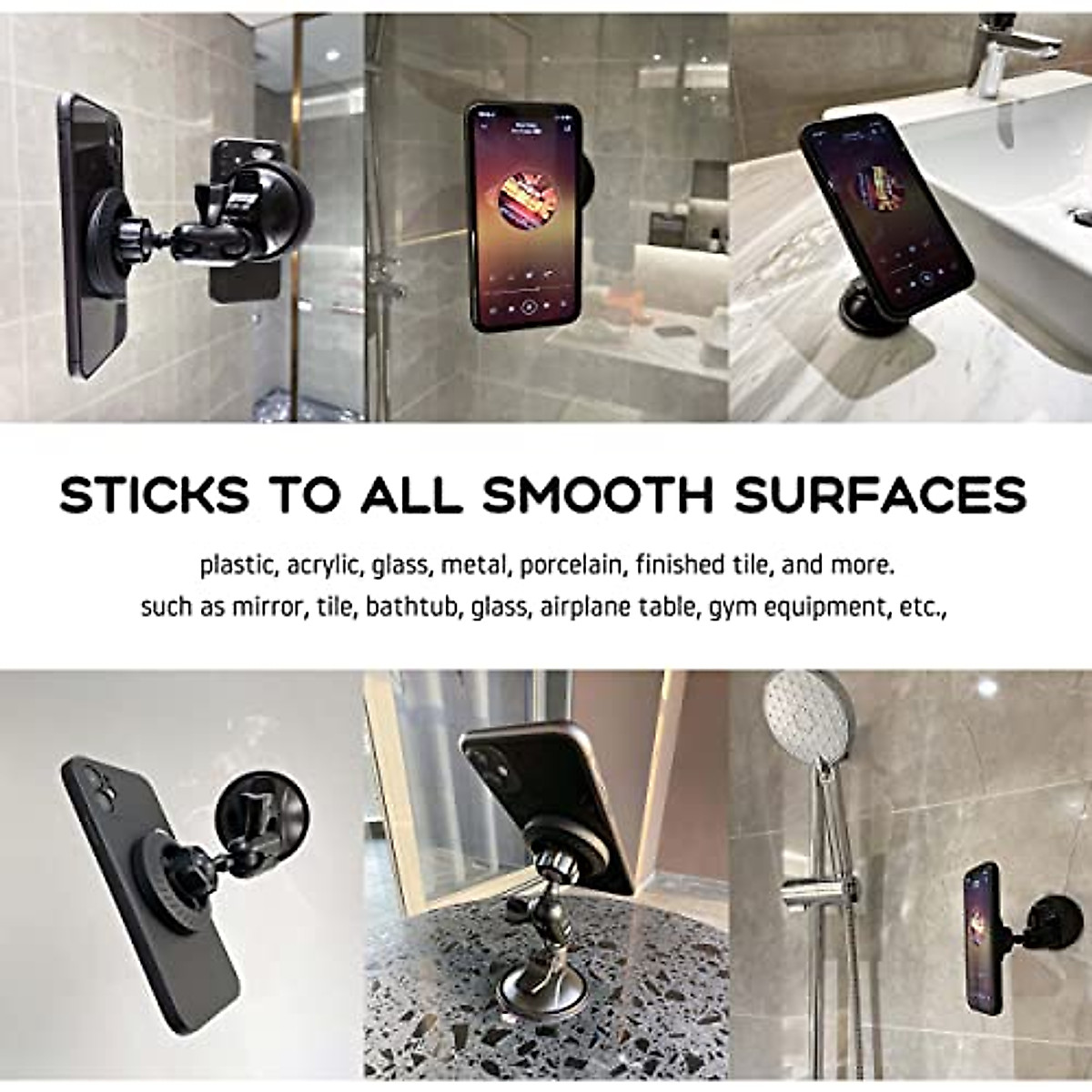 Quyee Magnet Mirror/Shower Phone Holder, Suction Cup Phone Wall Mount for iPhone 14 13 12 11 Pro Max Mini XS XR/Magsafe Case/Magsafe Ring, Gifts for Men Women Kids