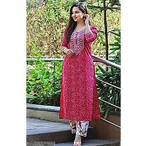 Paru Fabrics Women's Cotton Printed Straight Embroidery Kurti with Pant (L) Pink